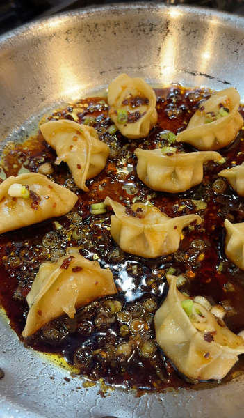 Steamed-Fried MìLà Potstickers in Mala Xianguo Sauce